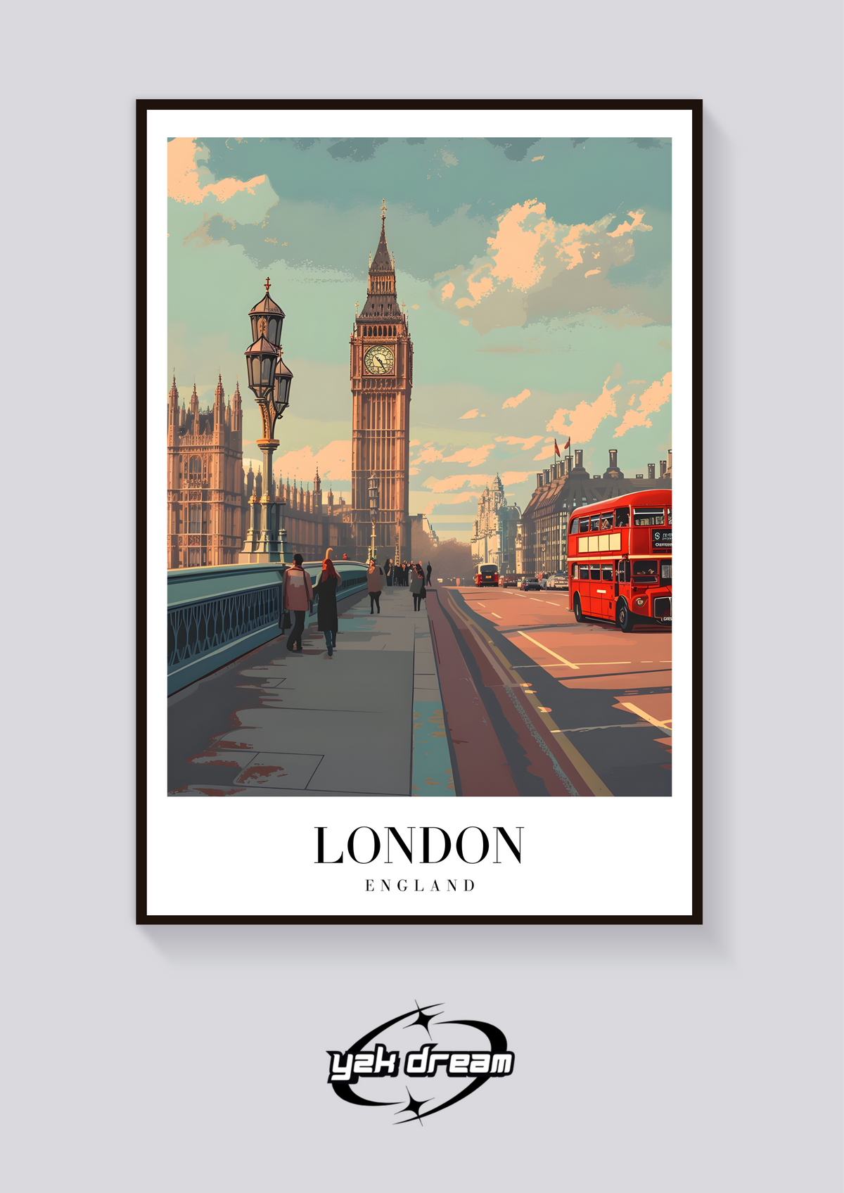 Vintage London Travel Poster: Big Ben, Red Bus Art Print