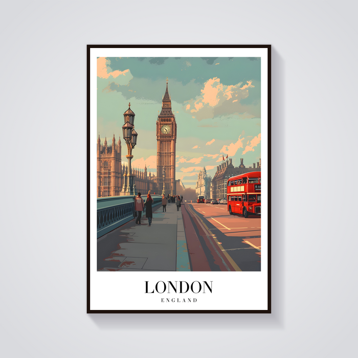 Vintage London Travel Poster: Big Ben, Red Bus Art Print