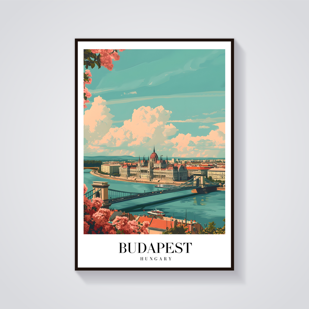 Vintage Budapest Travel Poster: Hungarian Parliament and Chain Bridge ...