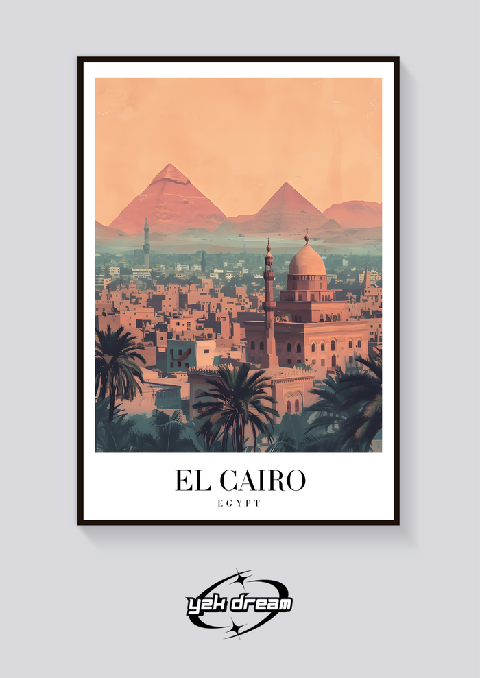 Vintage El Cairo Egypt Travel Poster - Pyramids and Mosque Art Print