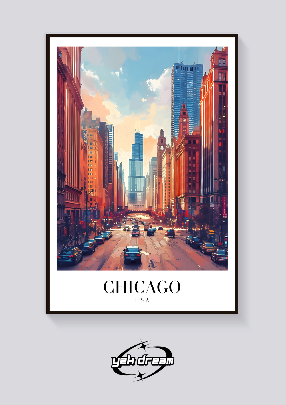 Vintage Chicago Travel Poster - Skyline Art Print of Downtown USA