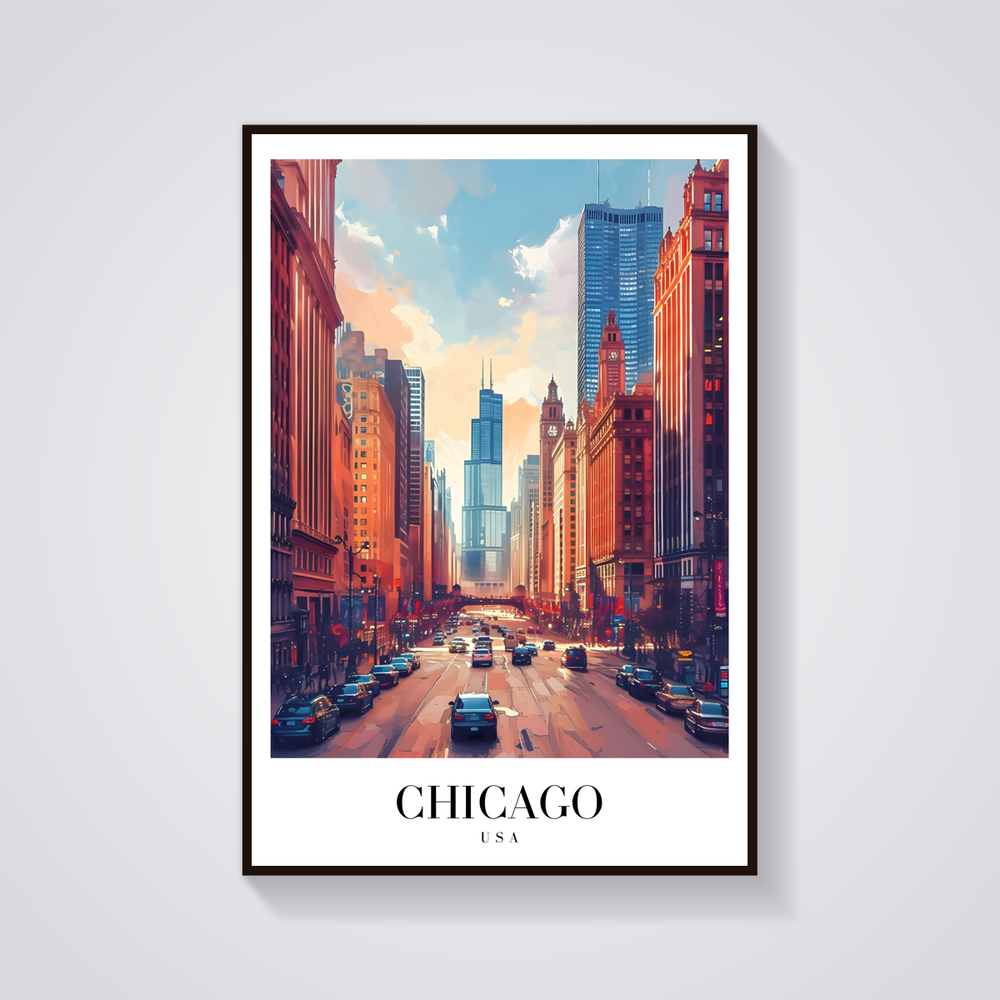 Vintage Chicago Travel Poster - Skyline Art Print of Downtown USA