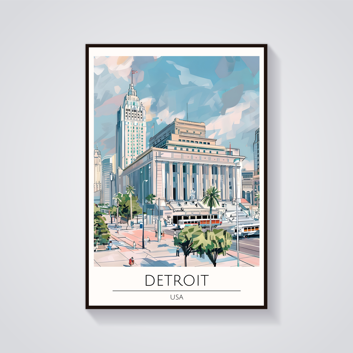 Detroit Travel Poster - Art Deco Cityscape Wall Art Print