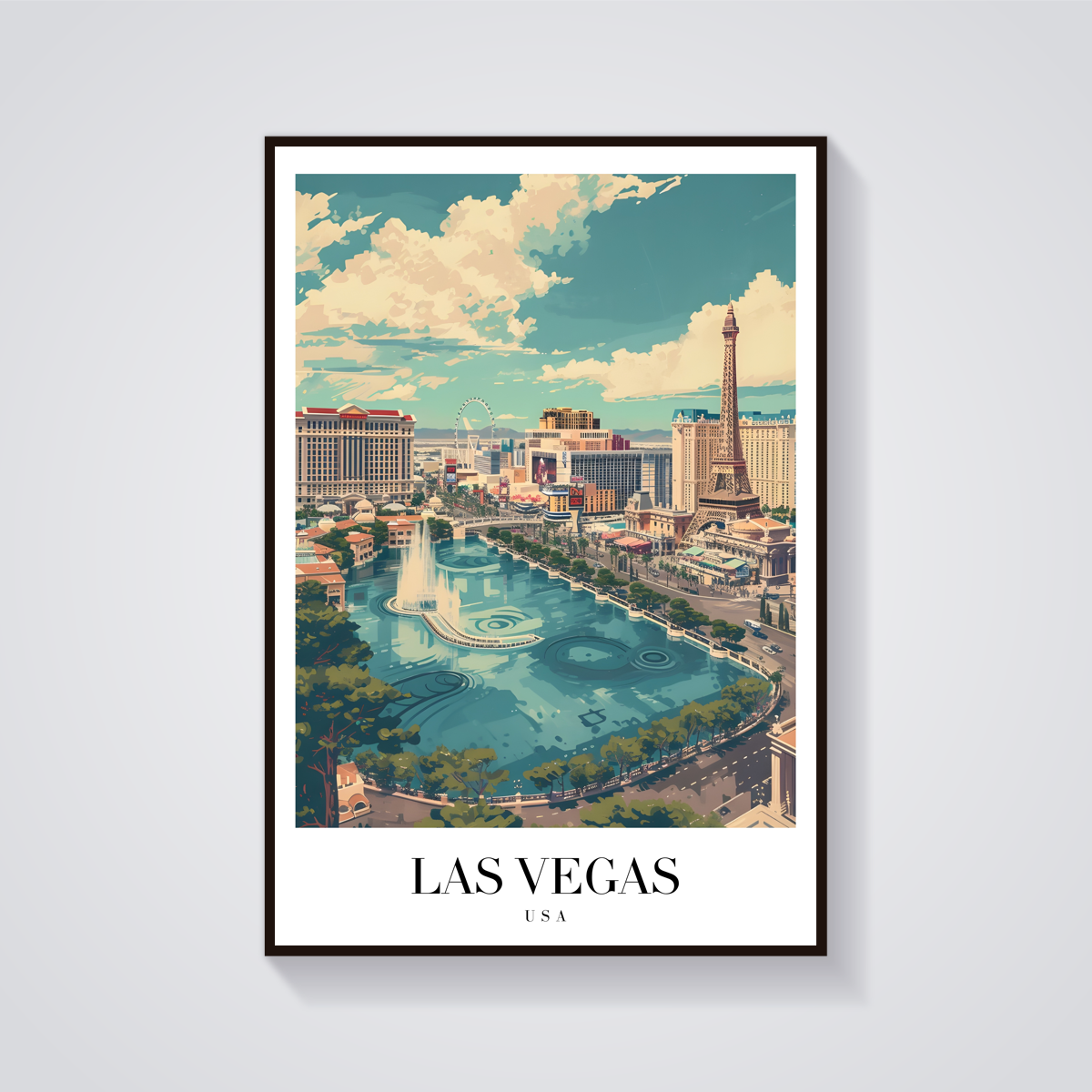Vintage Las Vegas Travel Poster Art - Eiffel Tower, Bellagio Fountain