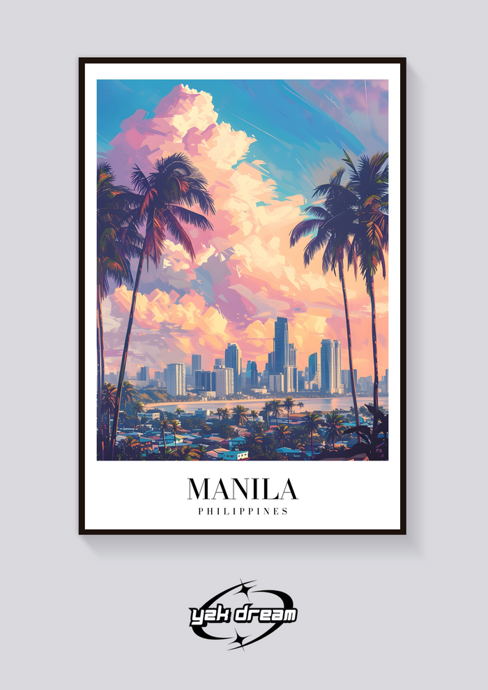Vintage Manila Philippines Travel Poster - Skyline and Palm Trees Art Print