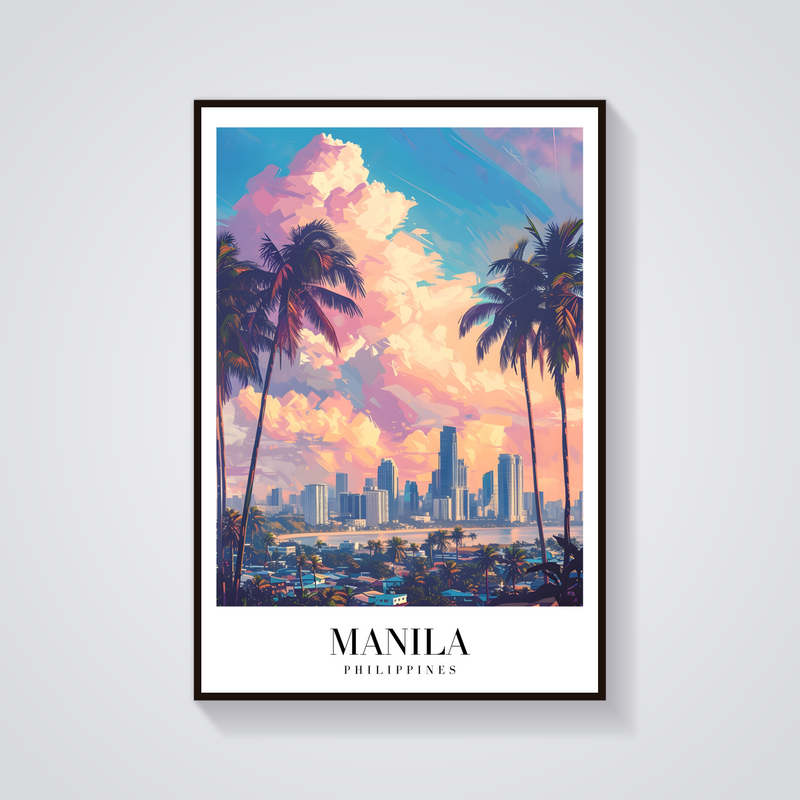 Vintage Manila Philippines Travel Poster - Skyline and Palm Trees Art Print