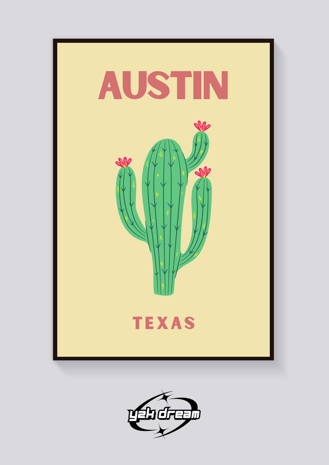 Preppy Retro Austin Texas Cactus Art Print Poster for Room Decor