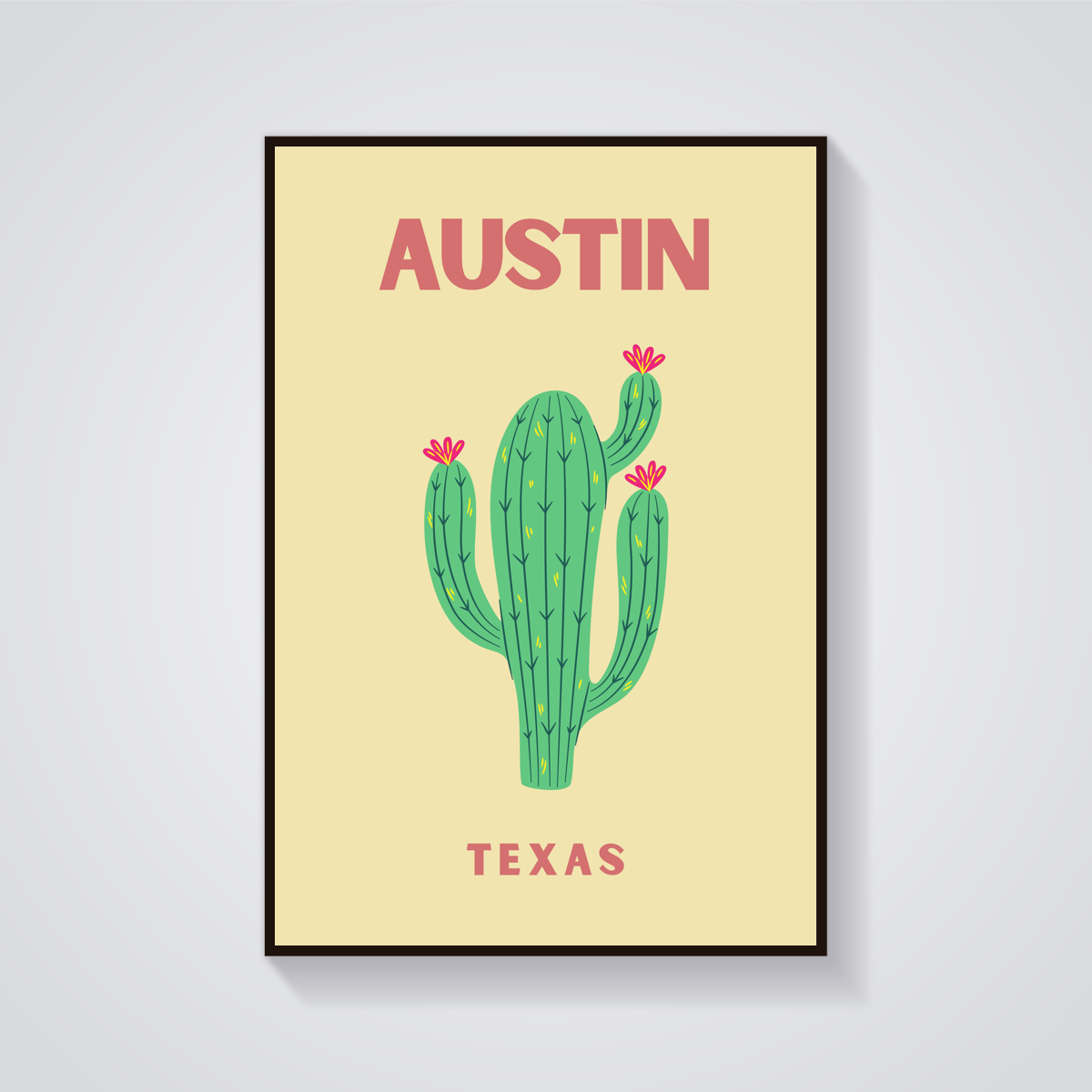 Preppy Retro Austin Texas Cactus Art Print Poster for Room Decor