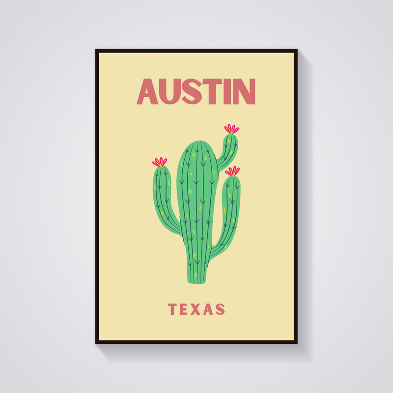 Preppy Retro Austin Texas Cactus Art Print Poster for Room Decor