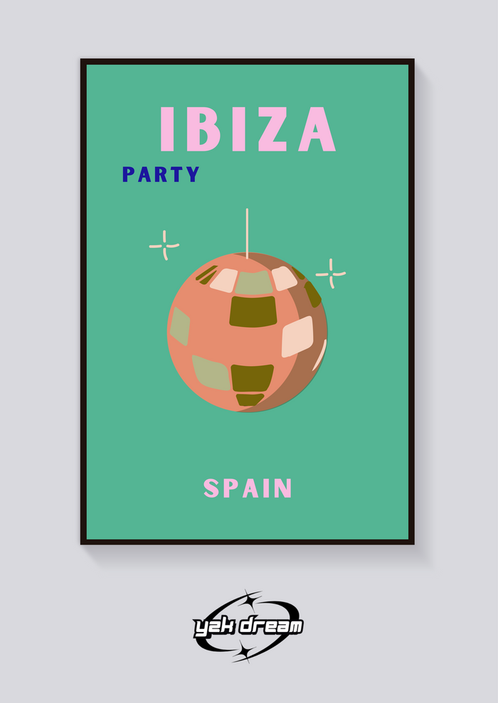 Preppy Ibiza Spain Party Poster, Retro Destination Art Print for Room Decor