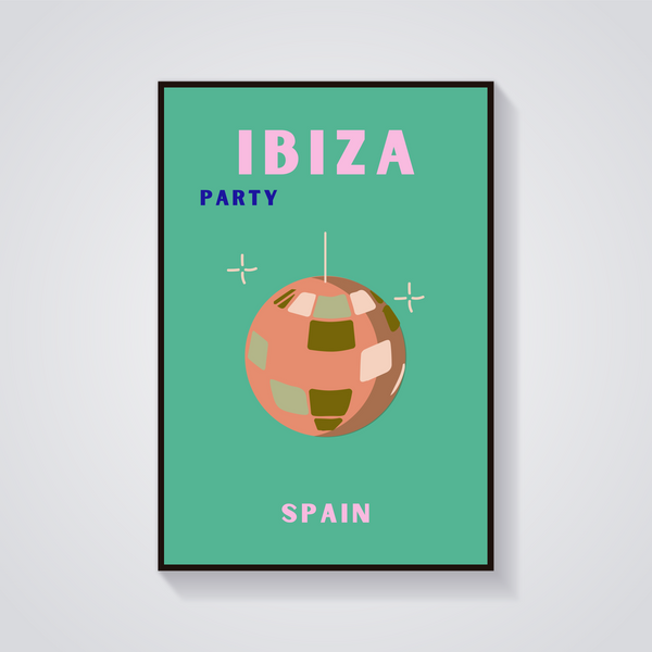 Preppy Ibiza Spain Party Poster, Retro Destination Art Print for Room Decor