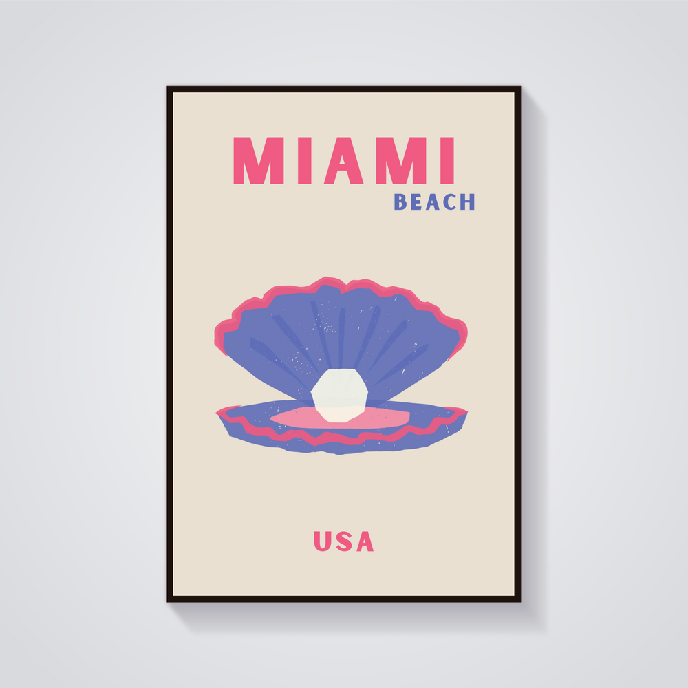 Preppy Miami Beach Vintage Art Print - Retro Clam Shell Travel Poster
