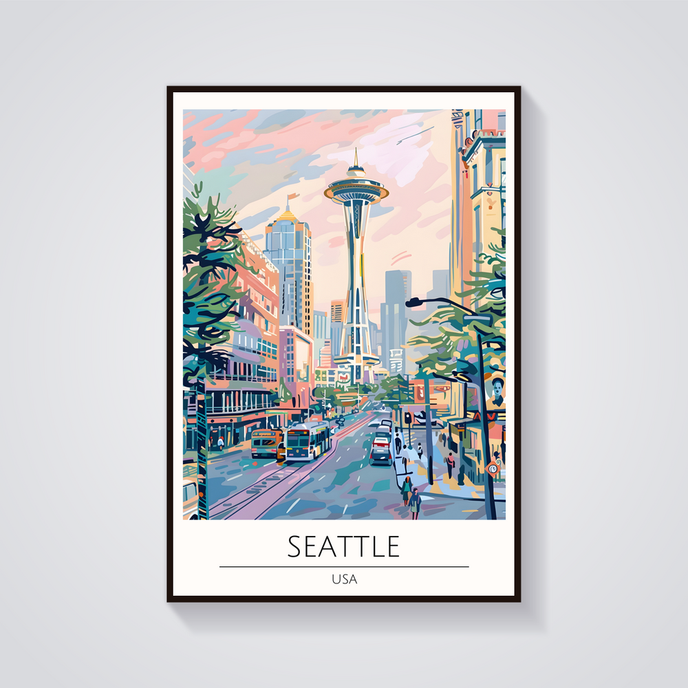 Seattle Space Needle Travel Poster, Art Deco Style Wall Art, Aesthetic ...